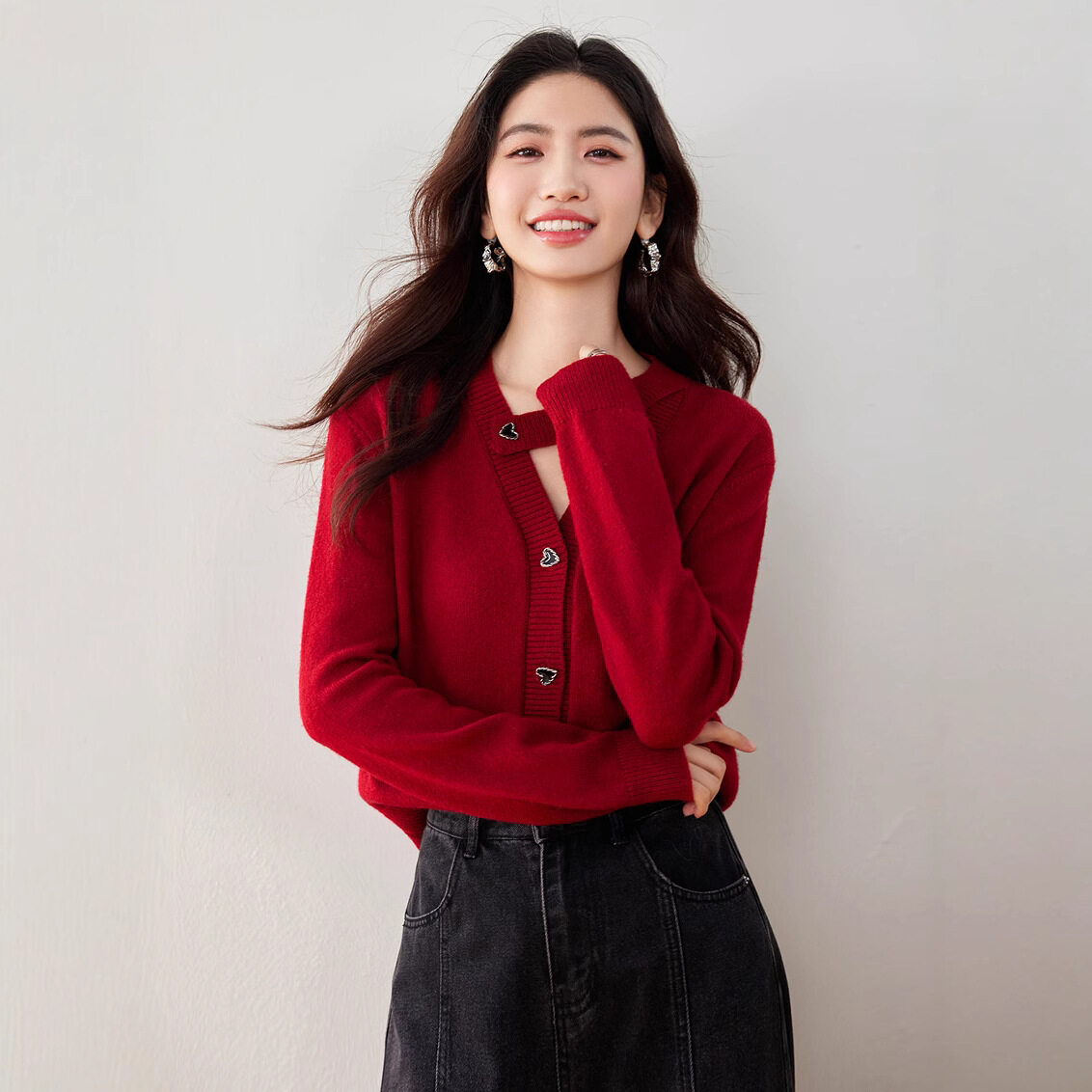 カーディガン｜ニット・Vネック・ハートボタン・新作・おしゃれ・エレガント・レッド | ファッション | 7sGood通販